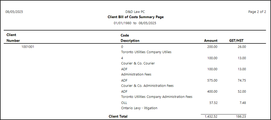 Bill of Costs Report – Dye & Durham Canada