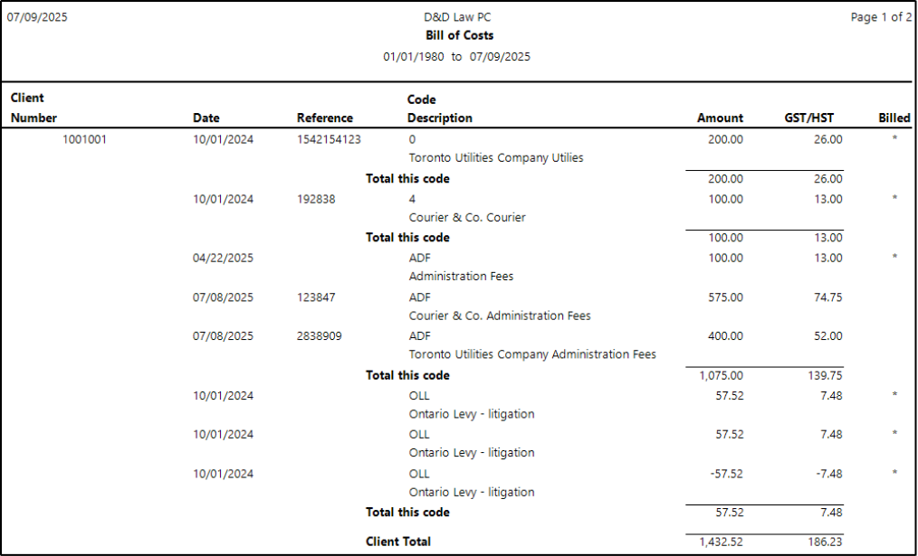 Bill of Costs Report – Dye & Durham Canada